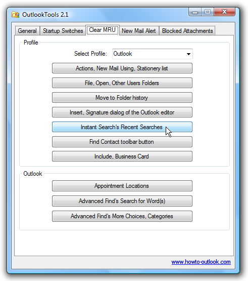 Clear Outlook Searches and MRU (Most Recently Used) Lists