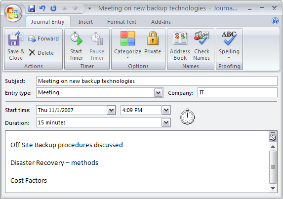 Manually Record Journal Entries in Outlook 2007