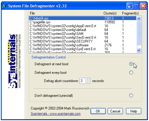 Defragment Your System Files (Pagefile and Registry) in Windows XP