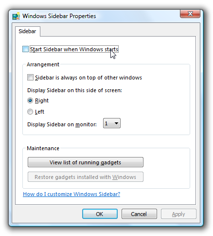 Disable Windows Sidebar in Vista
