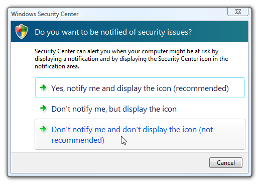 Disable Security Center Popup Notifications in Windows Vista