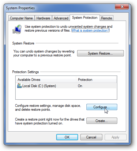 Make System Restore Use Less Drive Space in Windows 7
