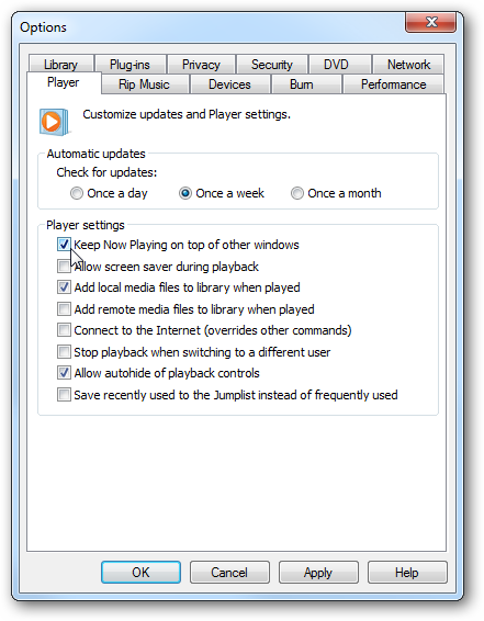 Make Now Playing Mode in Windows Media Player Display on Top