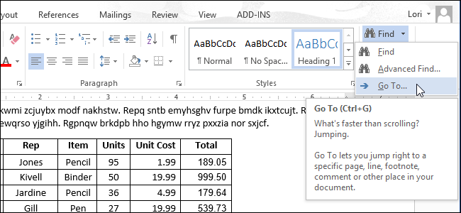 How to Navigate Directly From One Table to Another in Word 2013