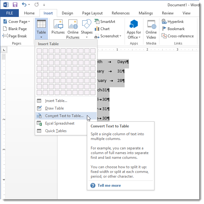 How to Convert Text to a Table and a Table to Text in Word 2013