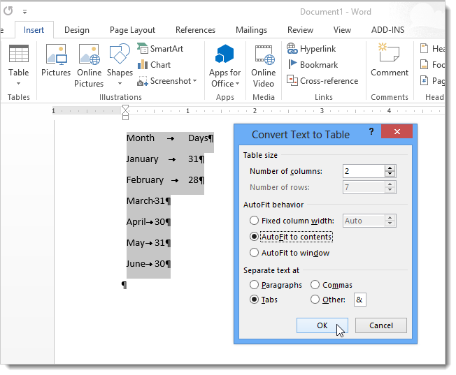 How to Convert Text to a Table and a Table to Text in Word 2013