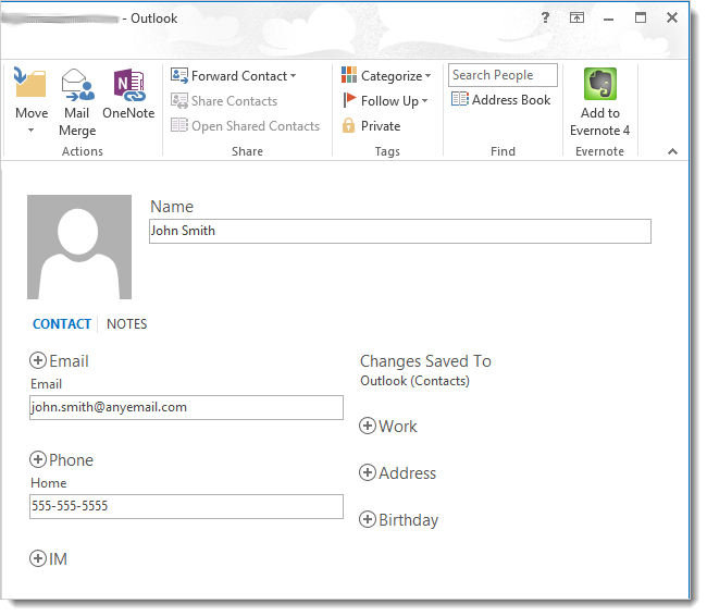 outlook contact window