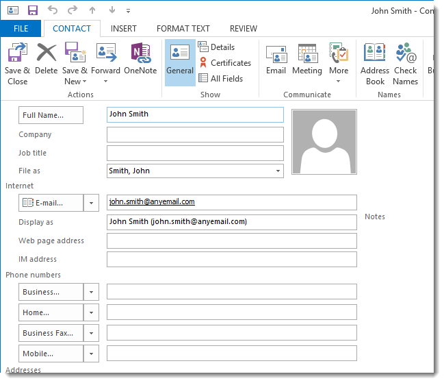outlook contact window