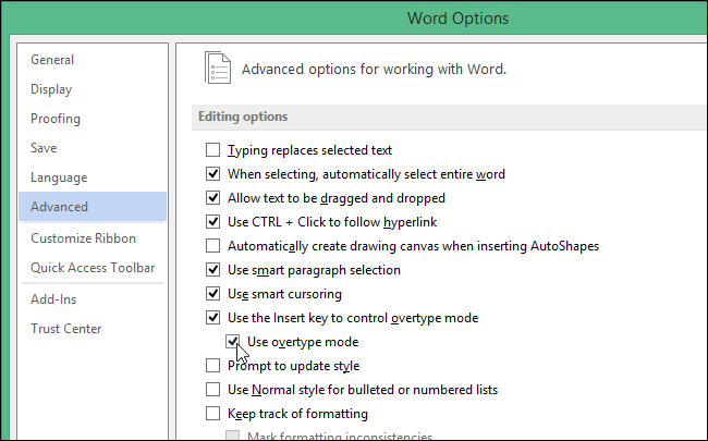 How to Control Insert/Overtype Mode in Word 2013