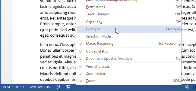 How to Control Insert/Overtype Mode in Word 2013