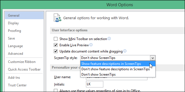 ms word screen tips