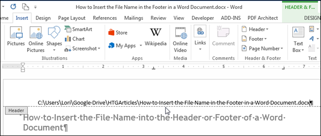 How to Insert the Filename into the Header or Footer of a Word Document