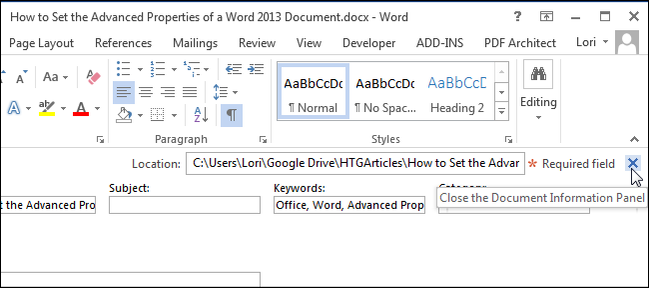 word document information panel