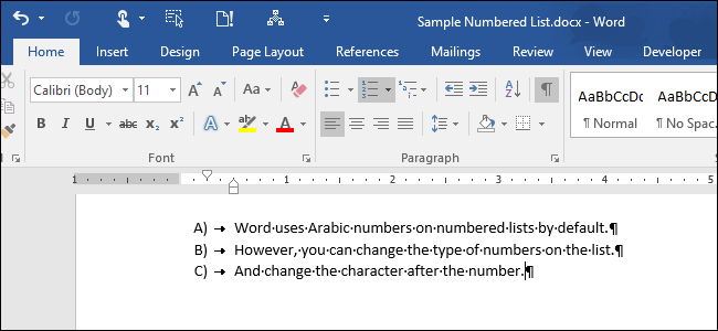 How to Change the Type of Numbers Used in a Numbered List in Word