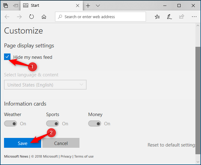 How to Disable the Articles on Microsoft Edge's Start and New Tab Pages