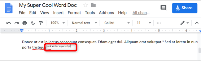 superscript in google docs