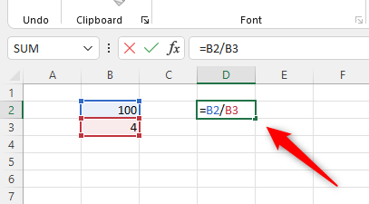 function in excel to divide