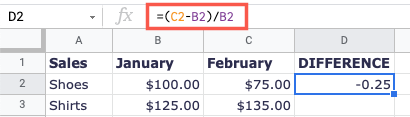 percent difference equation google sheets