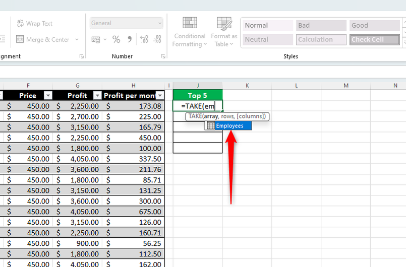 How to Use TAKE in Excel to Extract Data