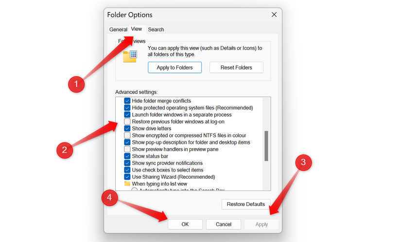 How to stop windows from reopening apps and folders at startup