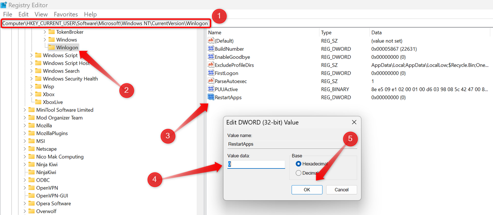 How to stop windows from reopening apps and folders at startup
