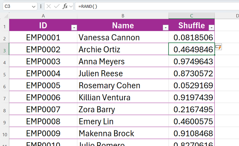 How to randomize rows in an Excel table without scrambling your data