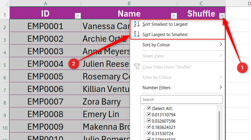 How to randomize rows in an Excel table without scrambling your data